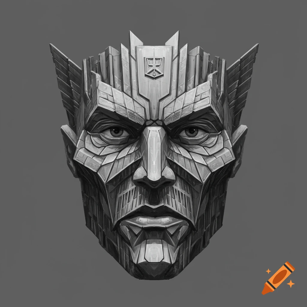 A grayscale geometric sculpture of a stylized face made of building-like structures. on Craiyon