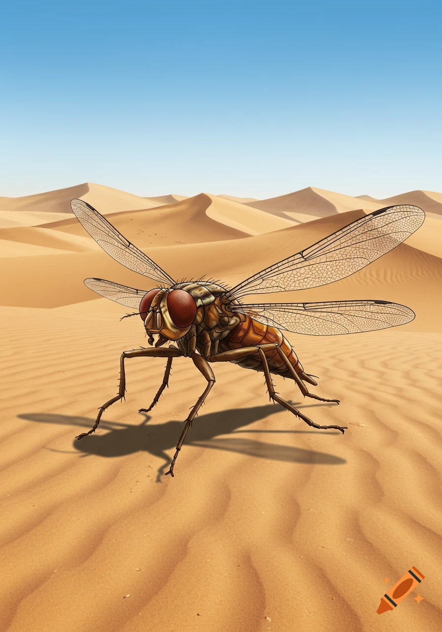 A large insect resembling a fly with dragonfly wings stands on sand in ...