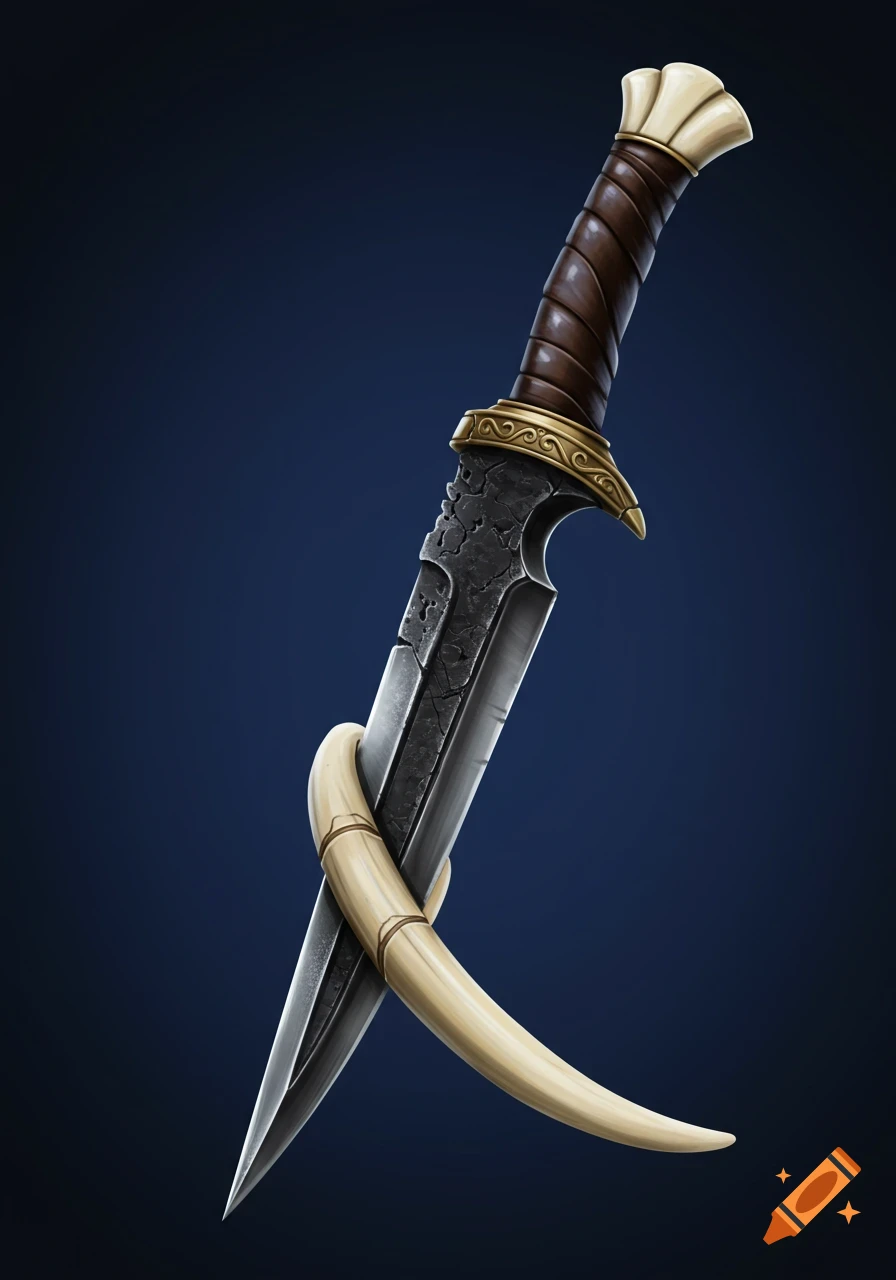 A fantasy dagger with a dark, textured blade integrated with an elephant tusk. on Craiyon