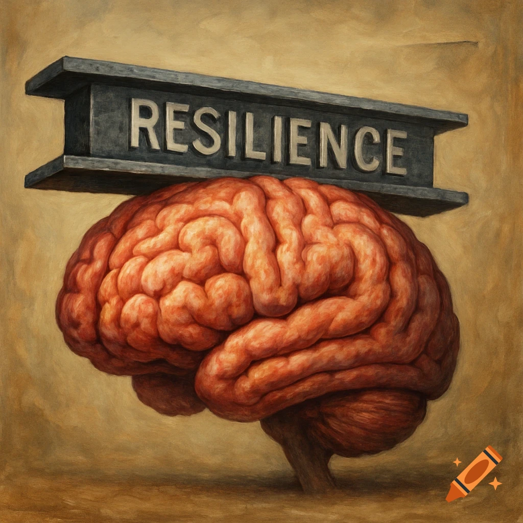 Painting of a brain supporting a beam with the word RESILIENCE. on Craiyon