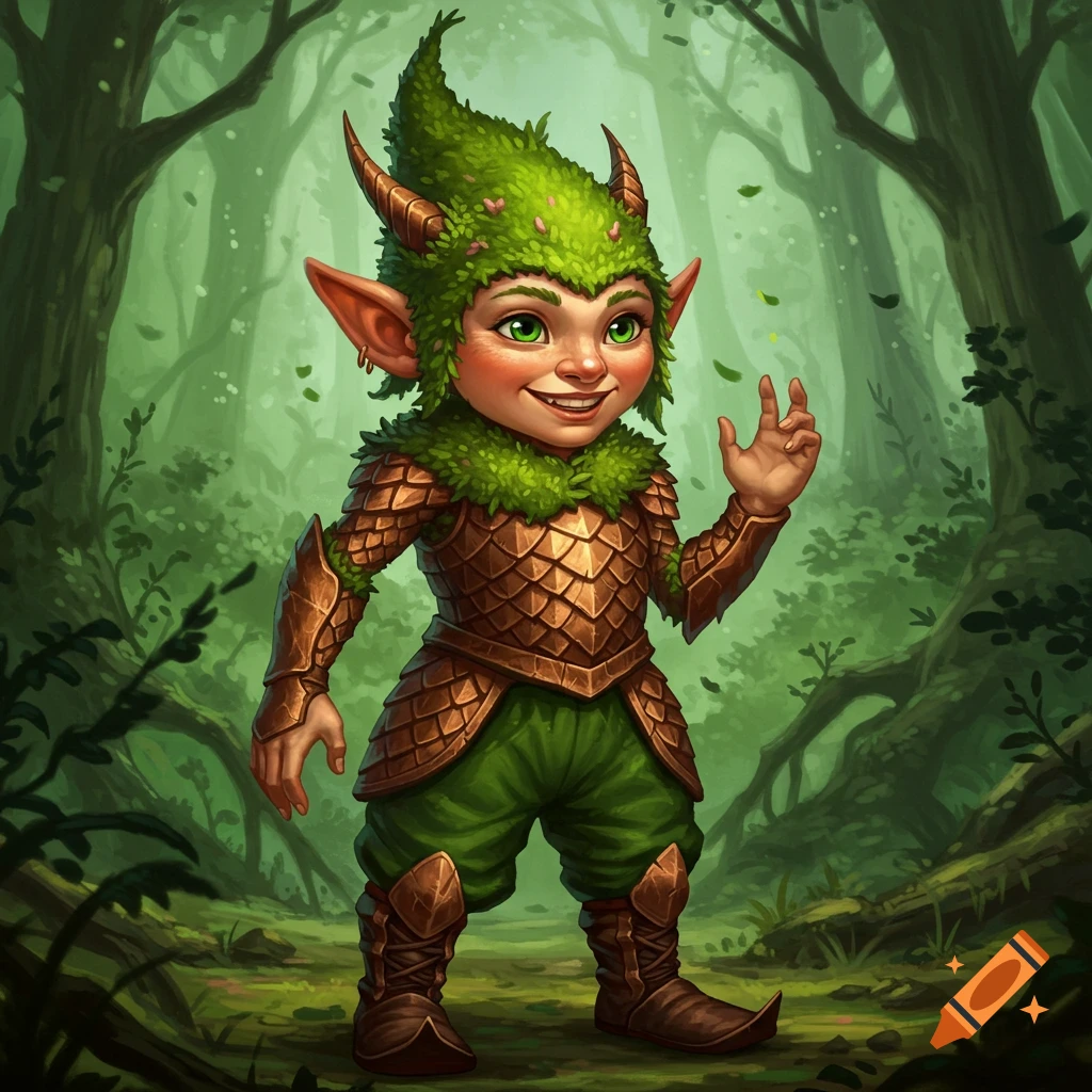 A fantasy gnome creature with green leaves for hair and scale armor ...