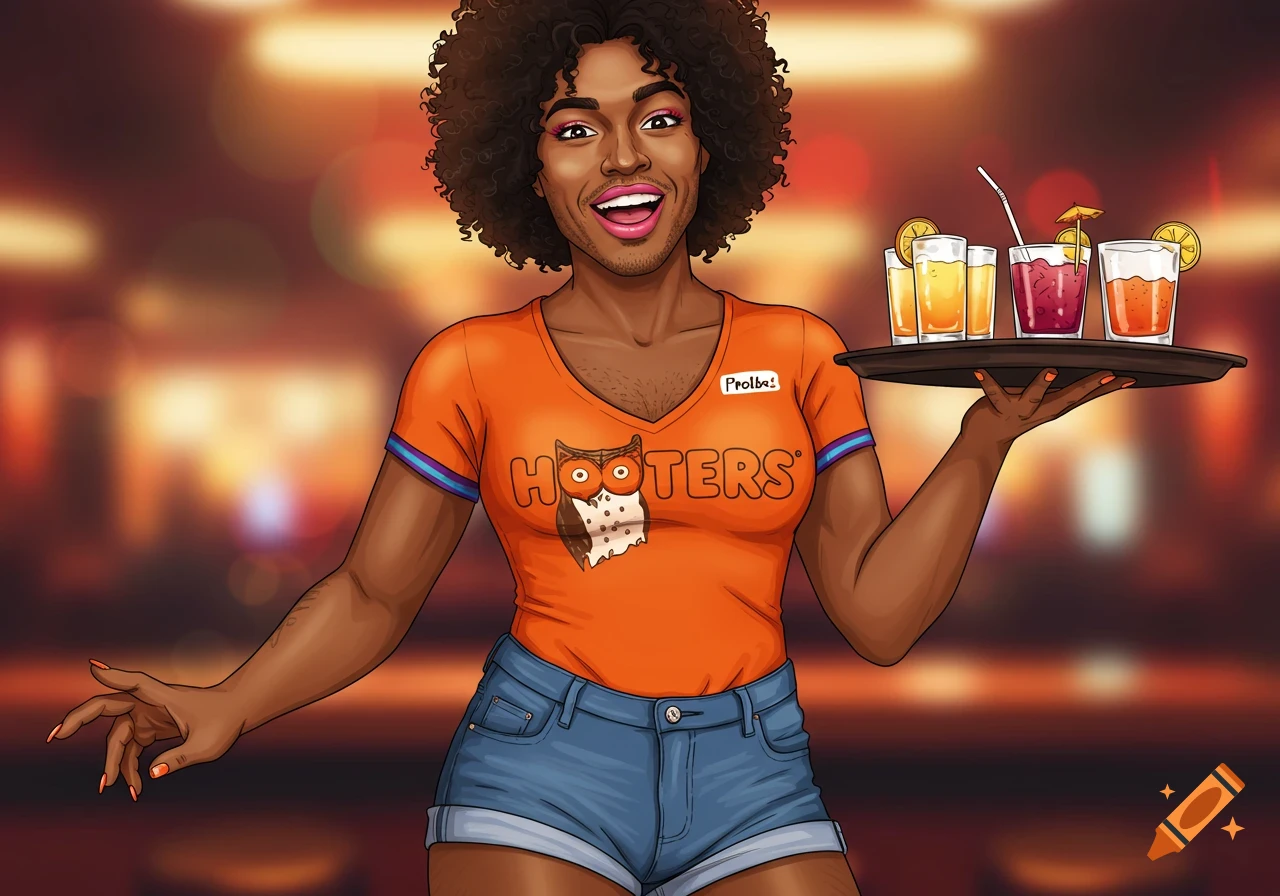 Illustration of person in Hooters uniform holding a tray of drinks on ...