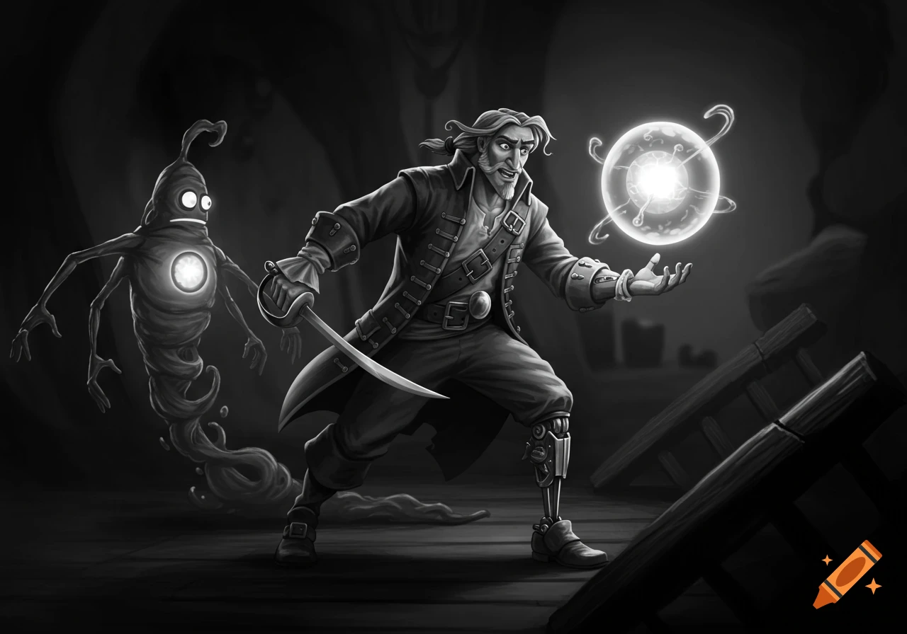 Grayscale illustration of a pirate holding a glowing sphere while a ...