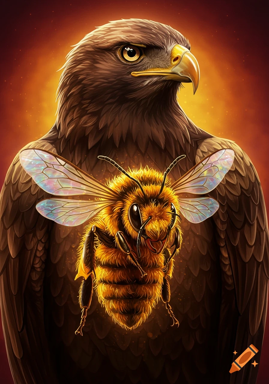 Illustration of a honey bee on the chest of an eagle on Craiyon