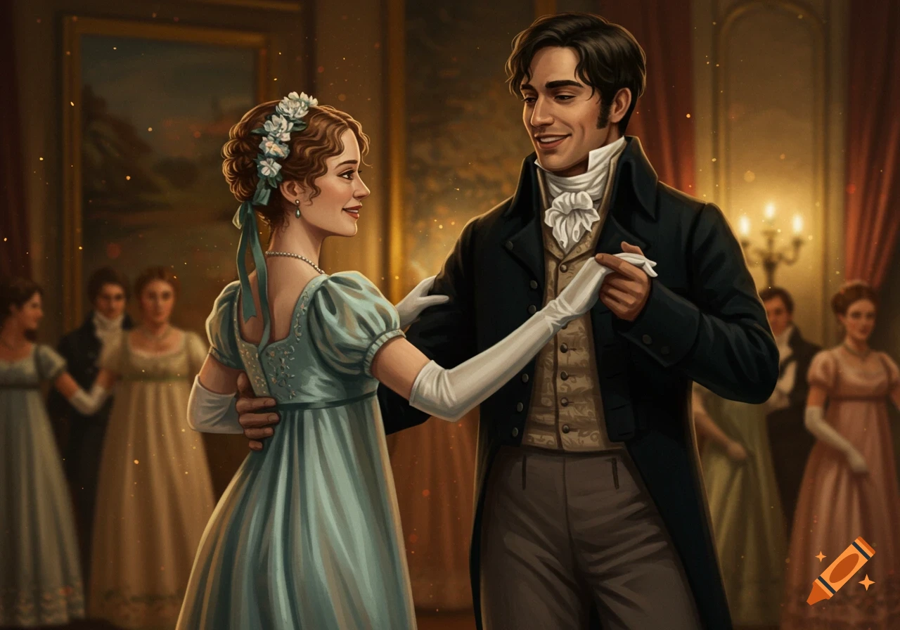 A Regency couple dances gracefully in a softly lit ballroom. on Craiyon