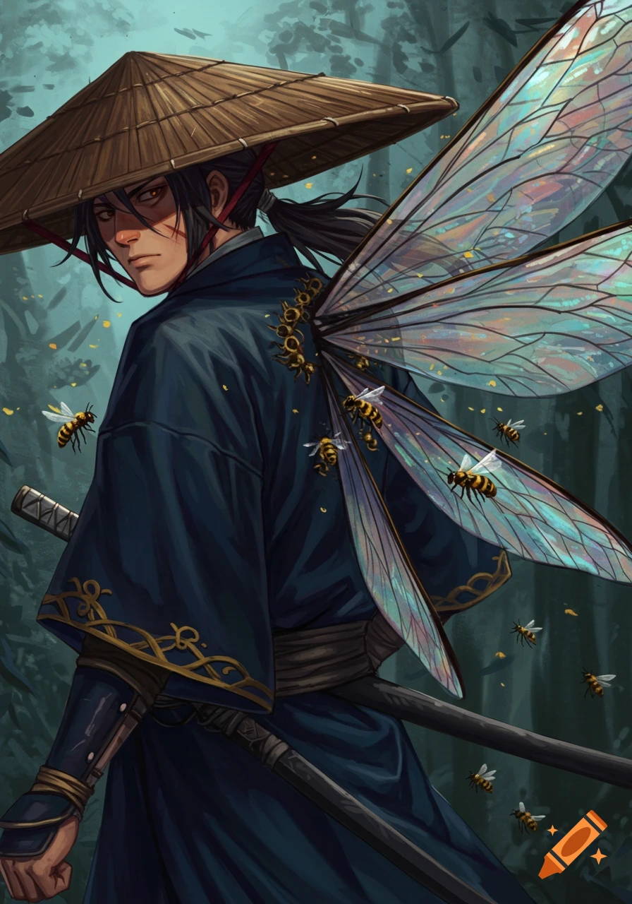 Anime-style character with insect wings and samurai hat surrounded by ...