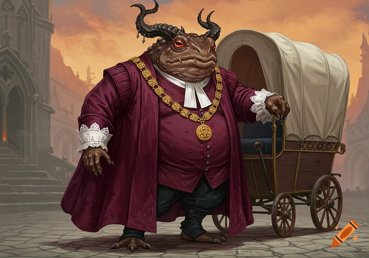 A fantasy creature resembling a toad with horns wears regalia and ...
