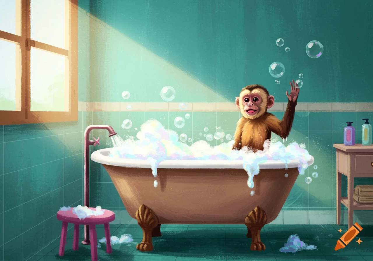 Monkey in a bubble bath in a sunlit bathroom, illustration. on Craiyon