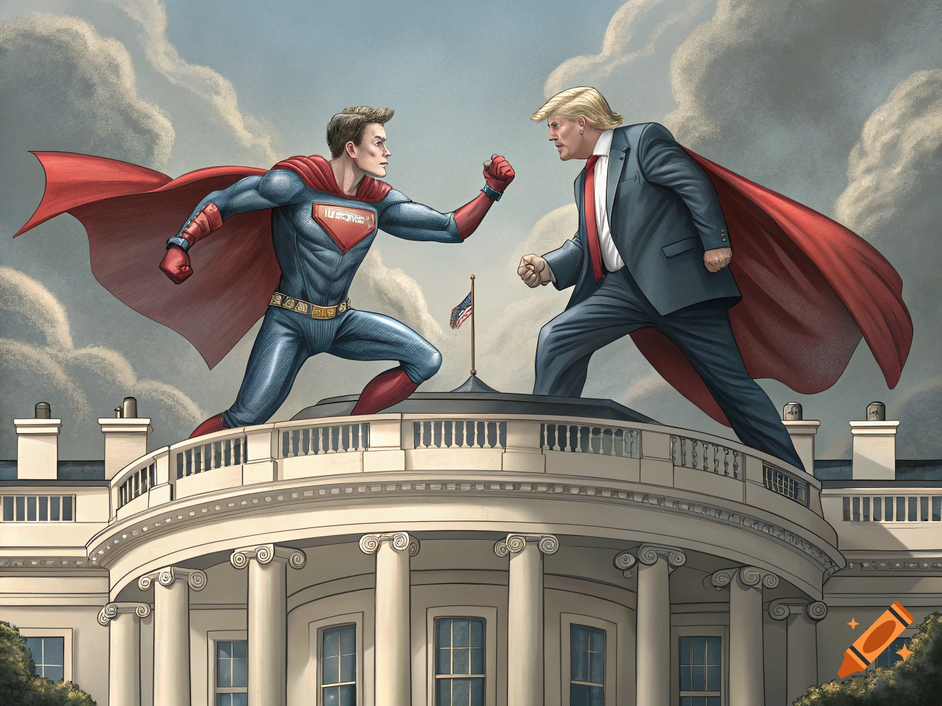 Illustration of figures resembling Trump and Musk in superhero costumes ...