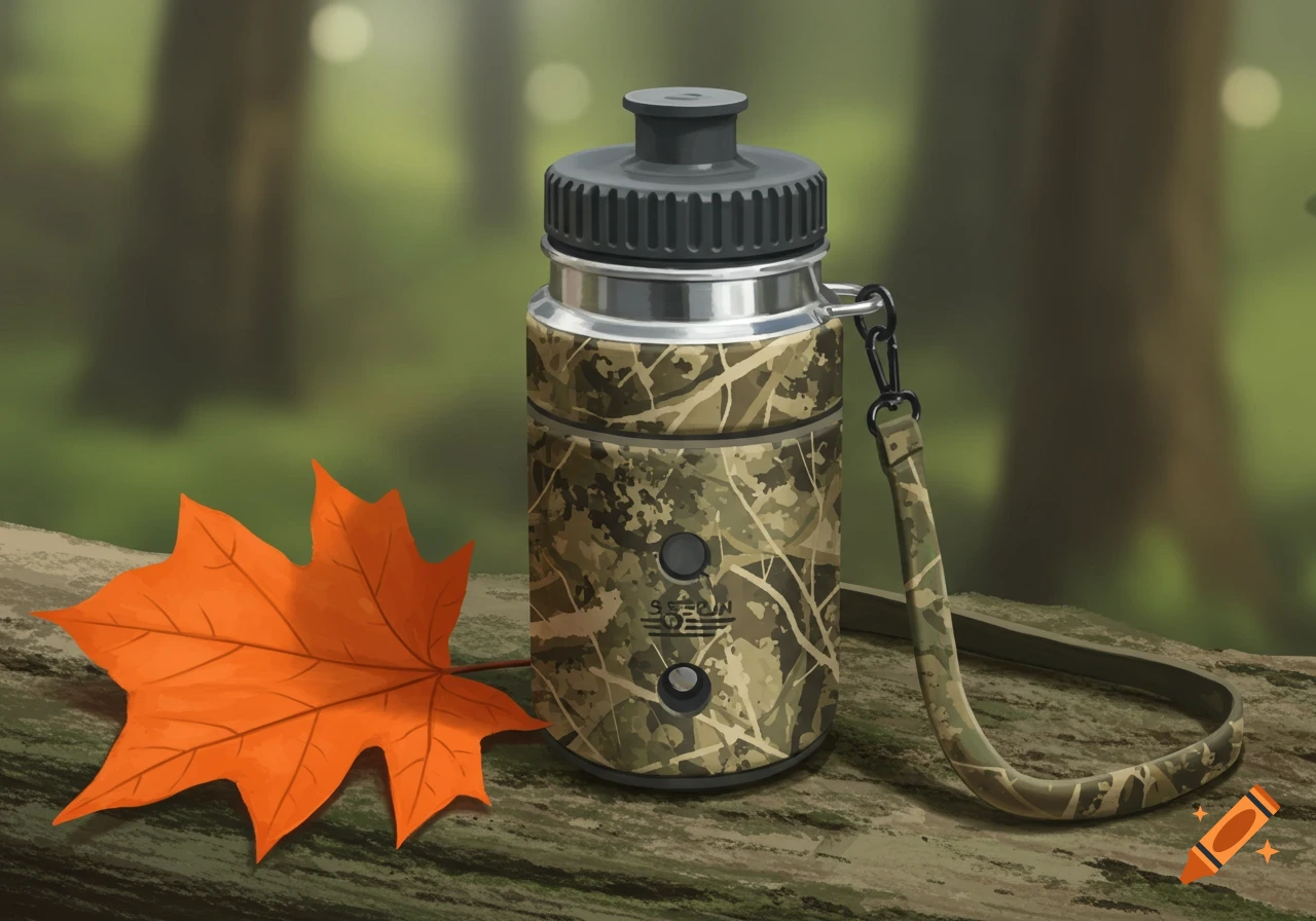 Digital illustration of a camouflage hunting bottle on a log with an ...