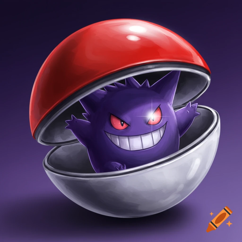 Illustration of Gengar peaking out of a Pokeball. on Craiyon