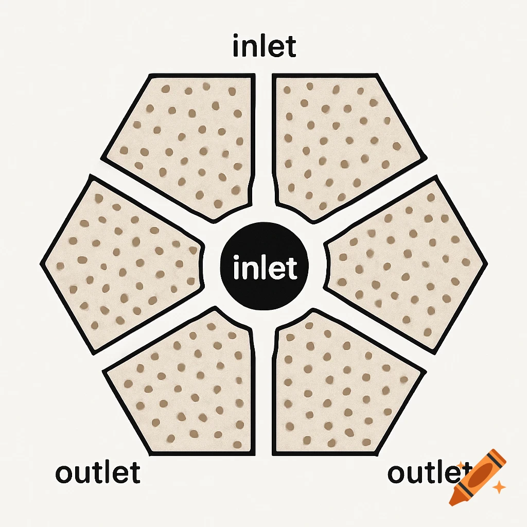 A hexagonal diagram showing a central inlet connected by channels to ...