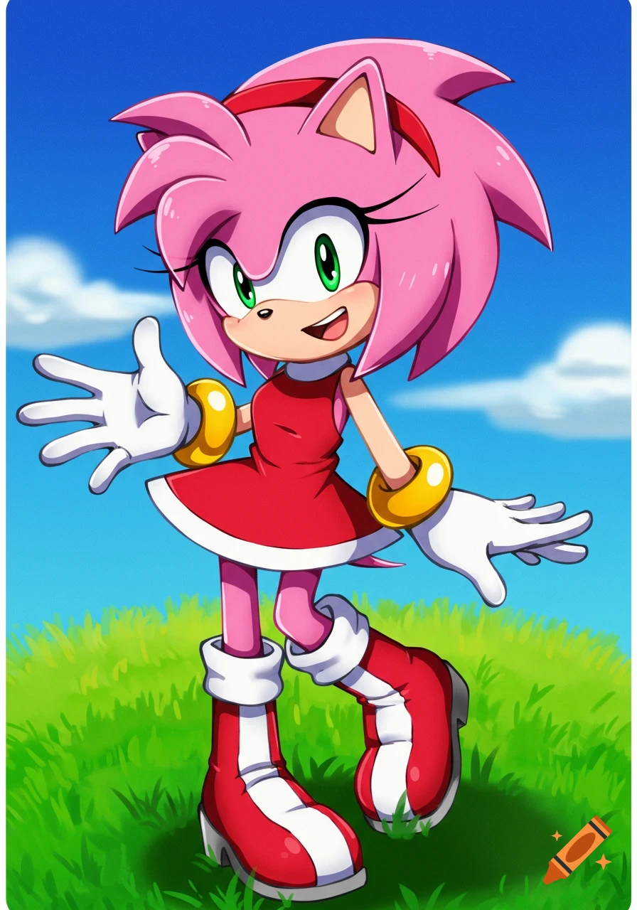Cartoon Amy Rose in a red dress standing in a grassy field under a blue ...