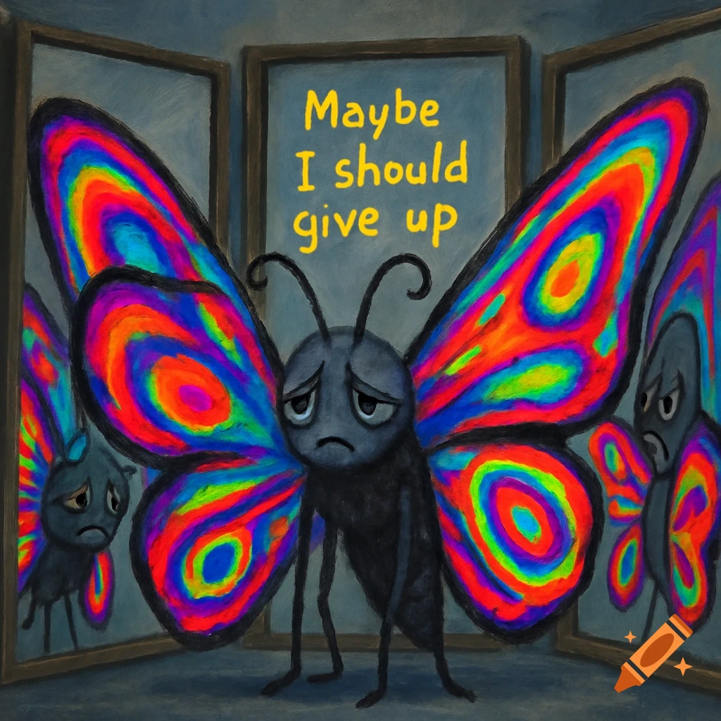 Sad animated butterfly with bright wings stands before mirrors with ...
