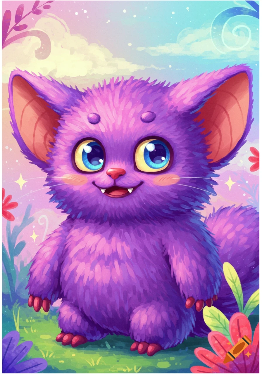 A cute purple furry creature with big blue eyes stands in a whimsical landscape. on Craiyon