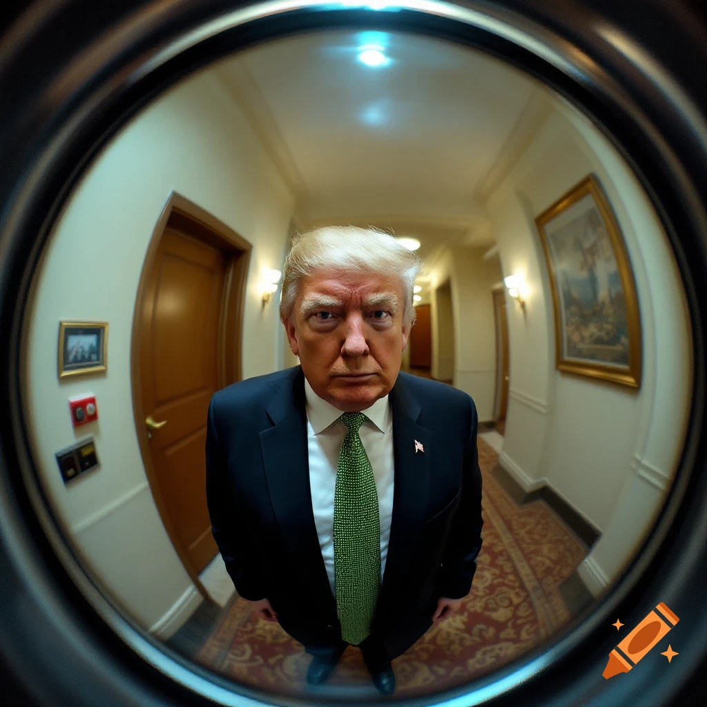 Donald Trump seen through a fisheye peephole lens, standing in a hotel ...