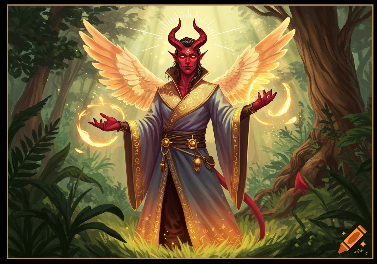 A red-skinned Tiefling with horns and golden wings casts magic in a ...