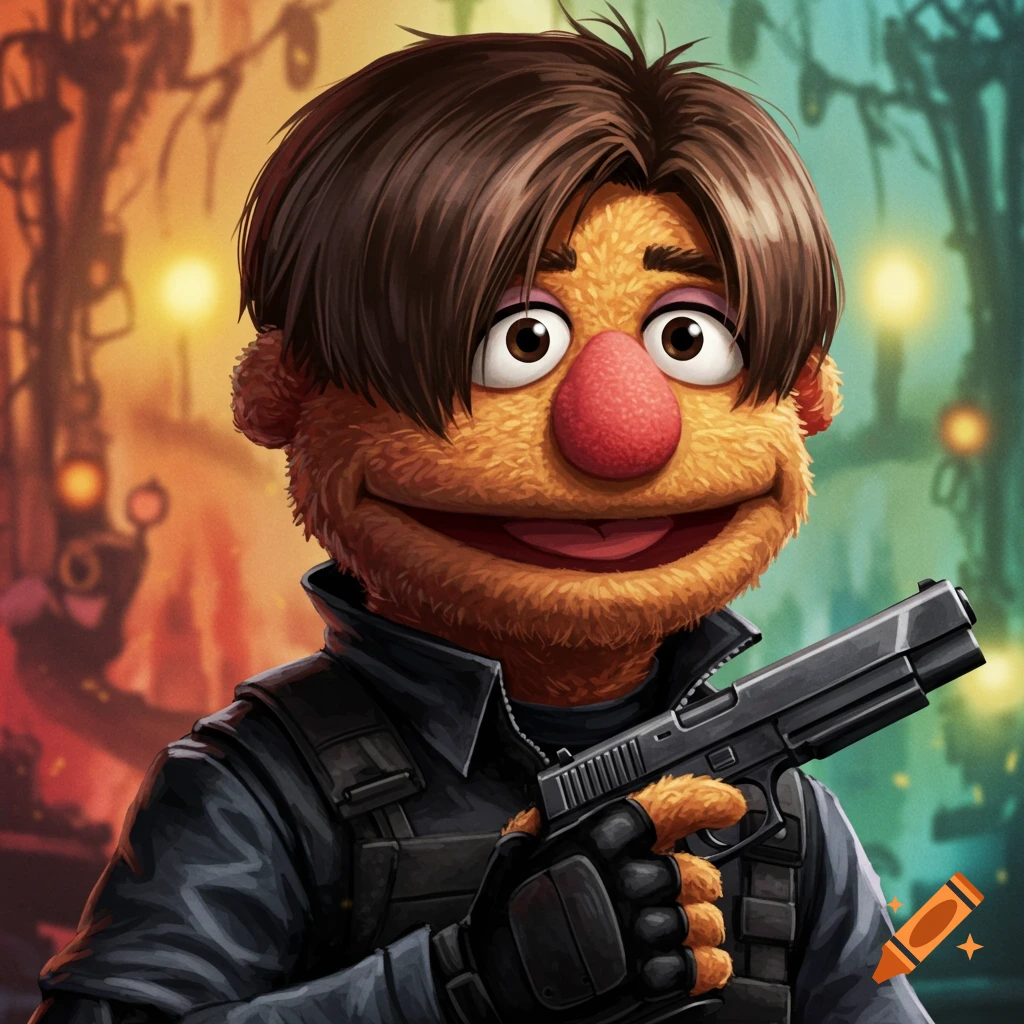 Muppet character resembling Leon Kennedy holds a handgun in a fantasy ...