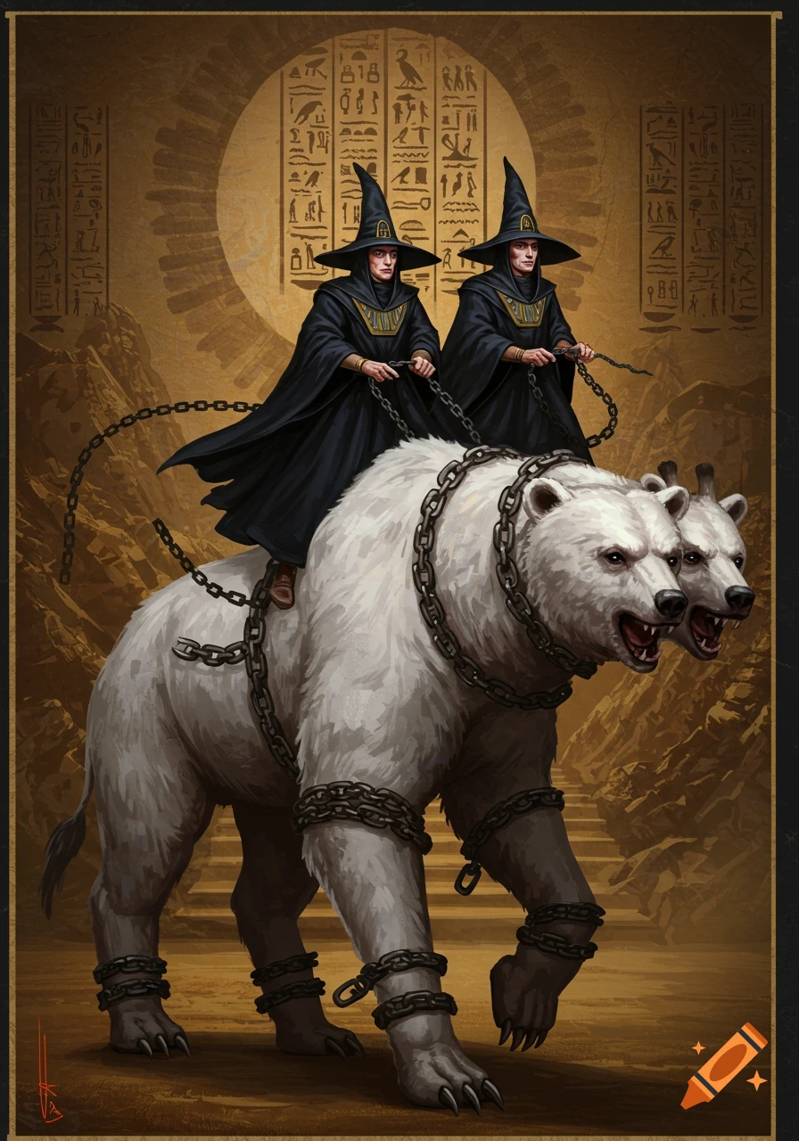 Two wizards riding a chained two-headed bear in an Egyptian setting. on ...