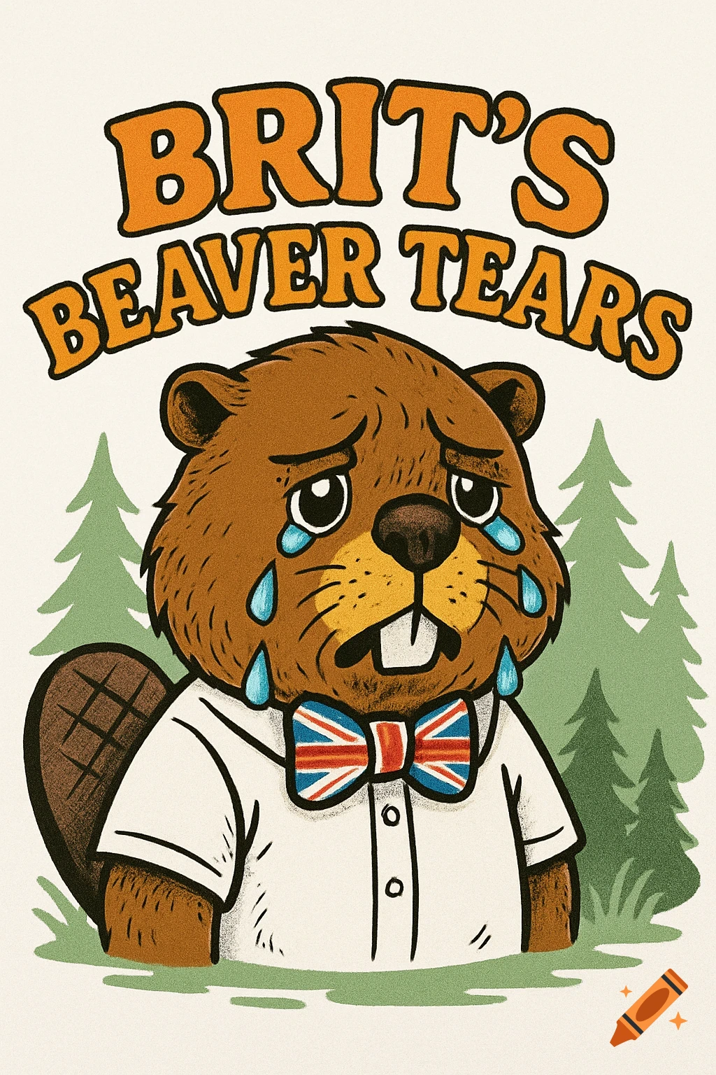 A sad cartoon beaver in a shirt and Union Jack bow tie cries under the text 'BRIT'S BEAVER TEARS ...