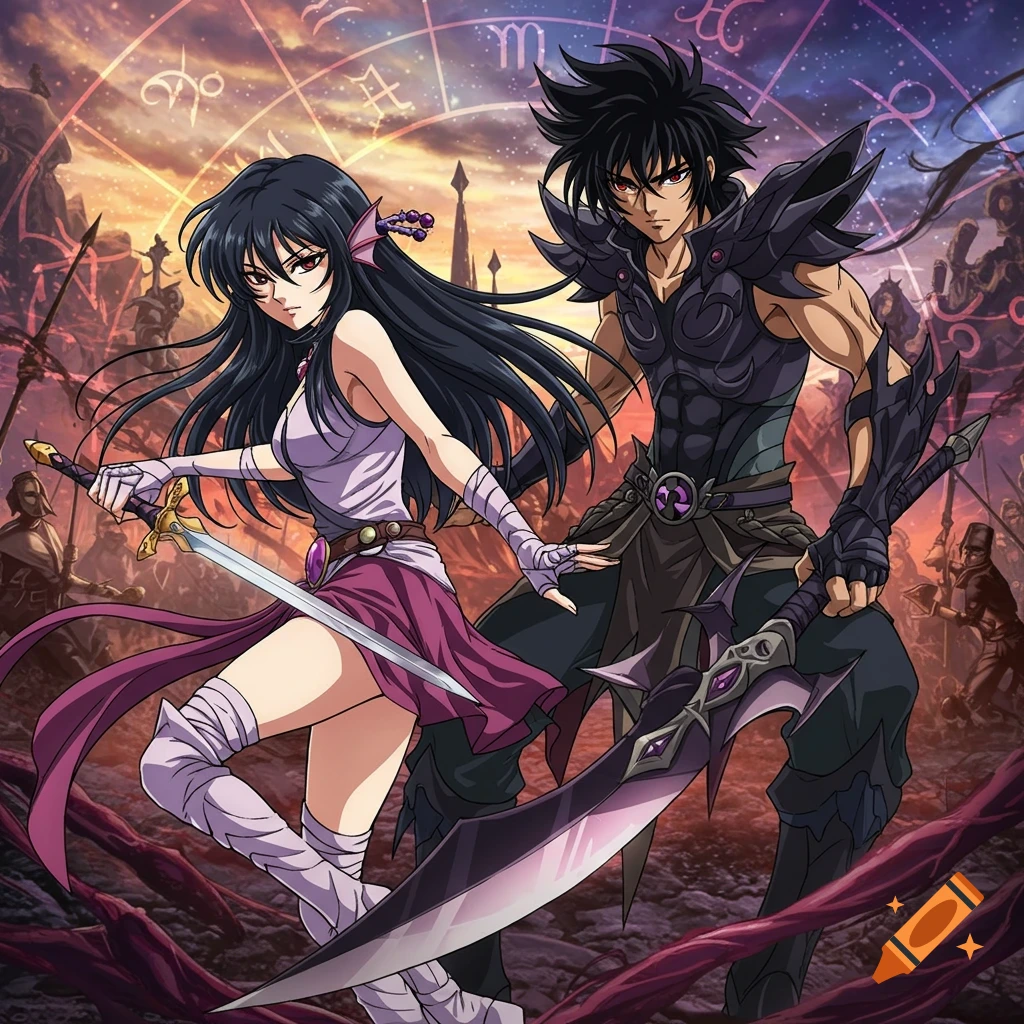 Anime warriors, a woman and a man, stand ready for battle with swords ...