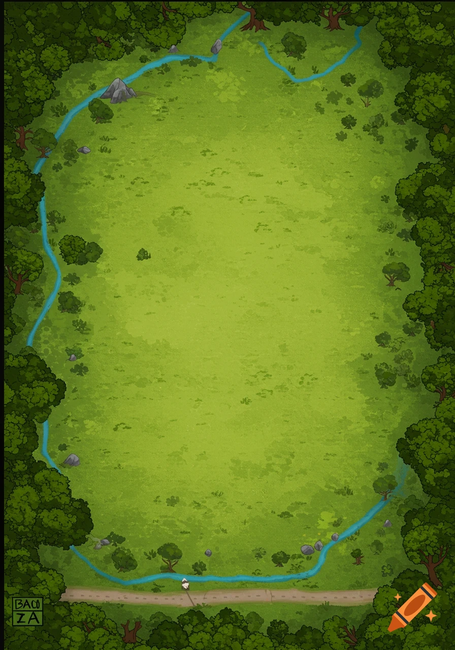 A top-down fantasy map illustration of a forest clearing with a river ...