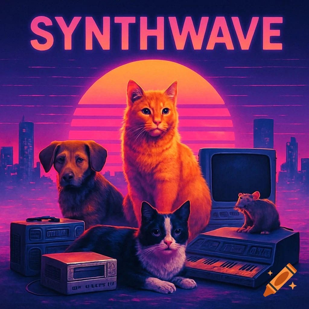 Synthwave album cover art featuring pets (cat, dog, rat) and retro ...