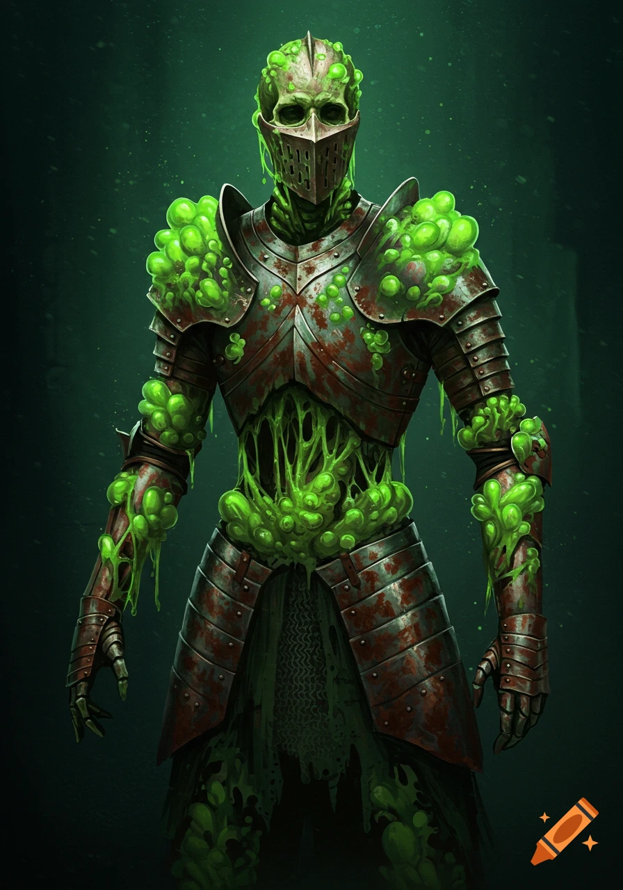 Undead knight covered in green slime and rusted armor. on Craiyon