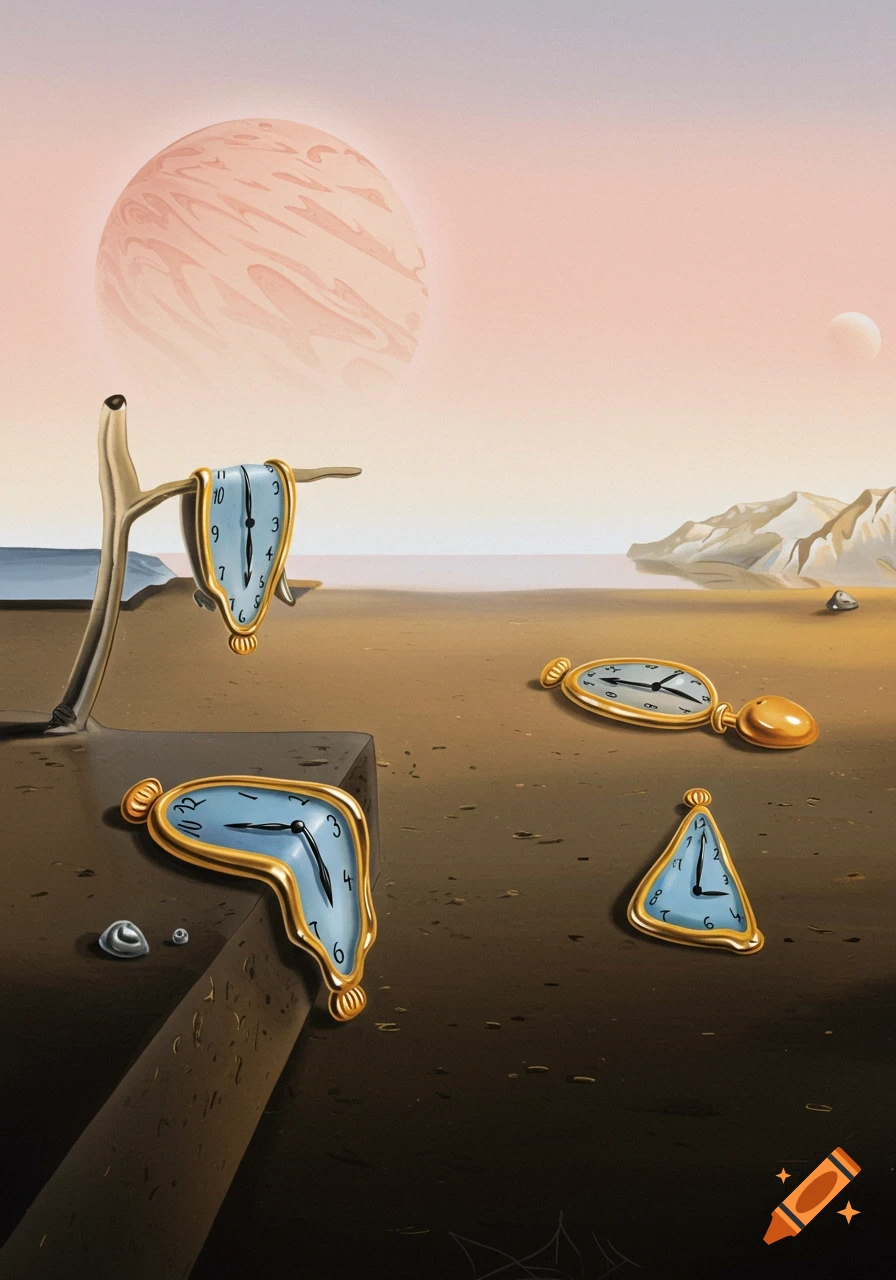 Surreal landscape with melting clocks on a branch and ground, under a ...