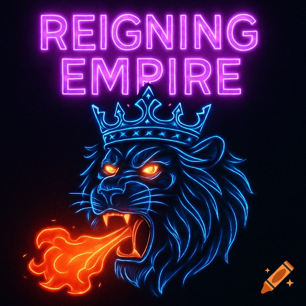 Neon logo of a lion wearing a crown and breathing fire, with 'REIGNING ...