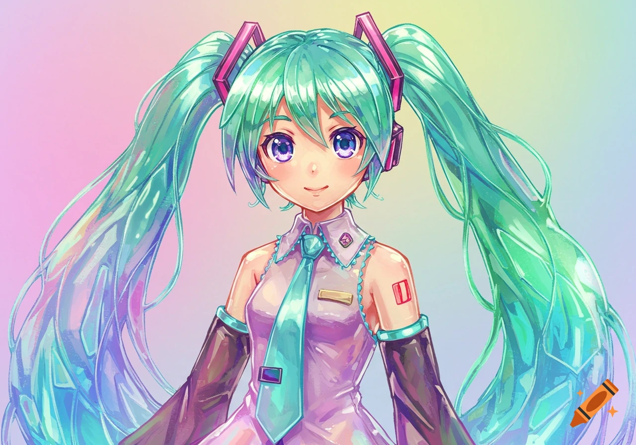 Anime portrait of Hatsune Miku with shimmering glass-like hair against ...