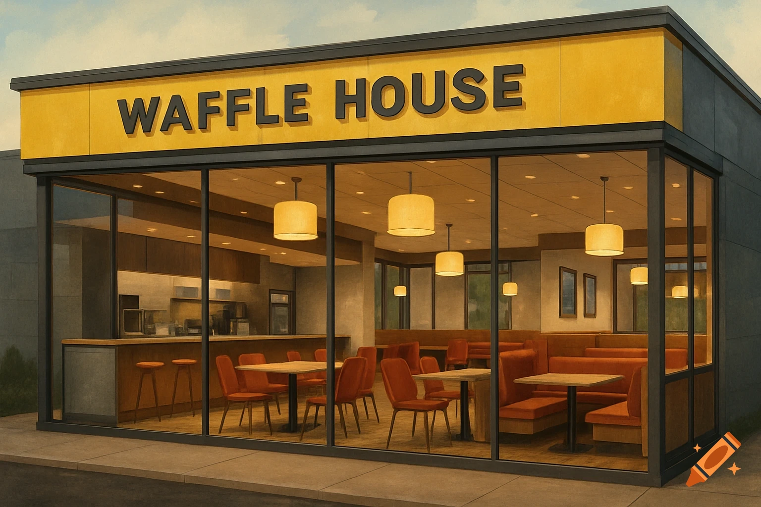 Exterior view of a modern Waffle House restaurant building. on Craiyon