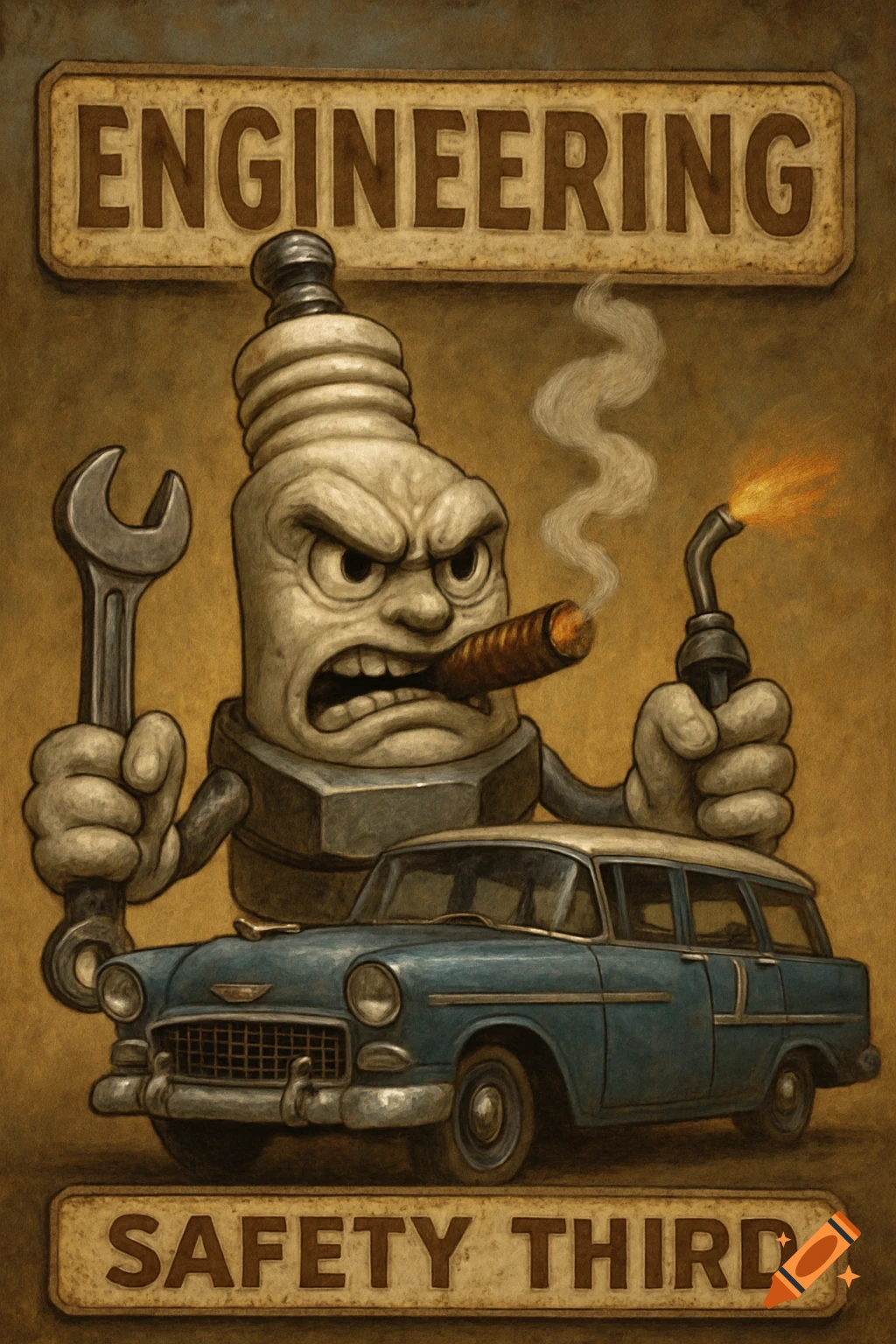 An angry cartoon spark plug character with a cigar, wrench, and torch ...