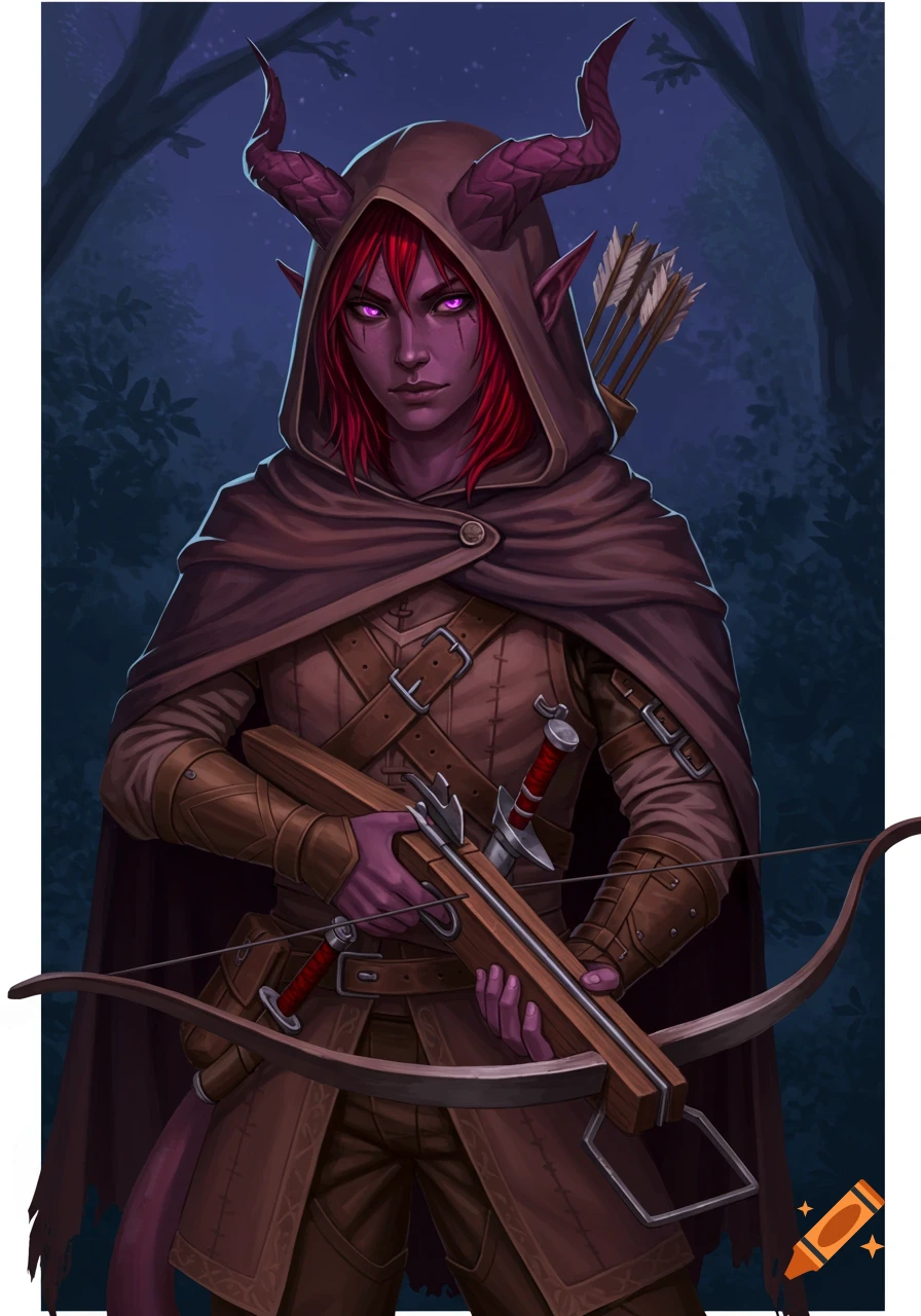 A dark-skinned, purple-eyed tiefling ranger with red hair holds a ...