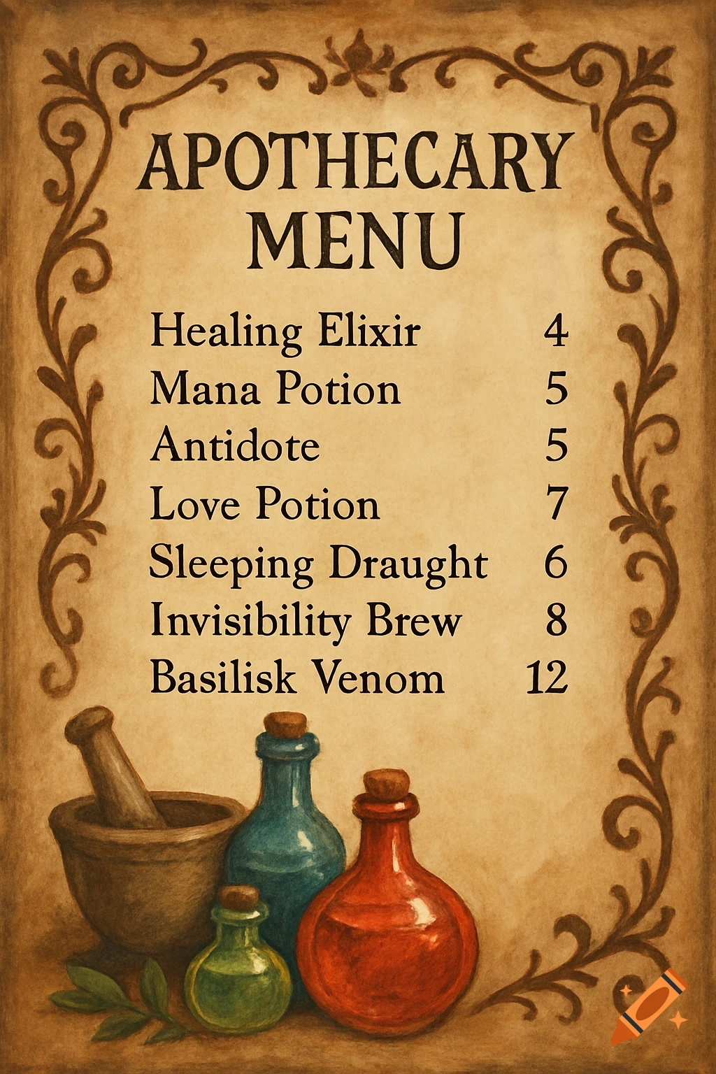 An illustrated apothecary menu on parchment with bottles and mortar on ...