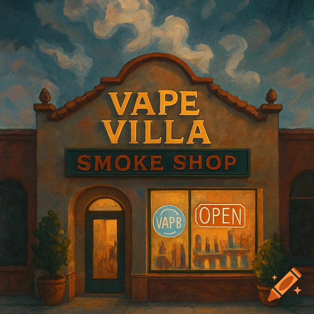 A painting of the exterior of a building with signs reading 'VAPE VILLA ...