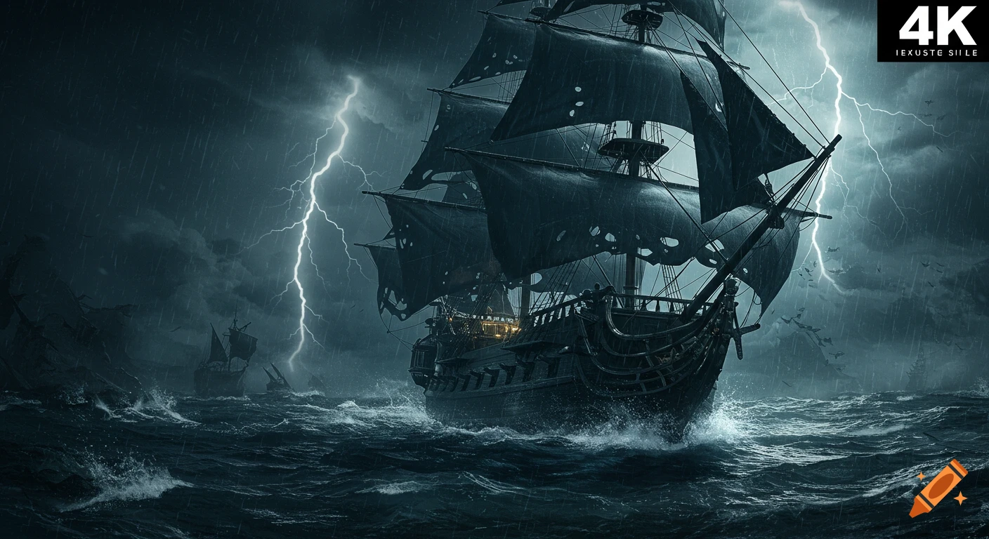 A black pirate ship with ripped sails sails through a stormy ocean ...
