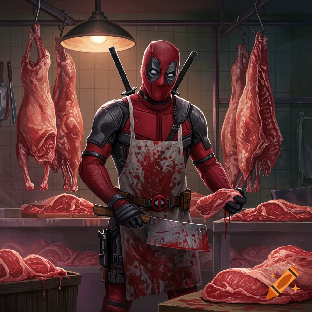Deadpool wearing a bloody apron, standing in a butcher shop surrounded ...