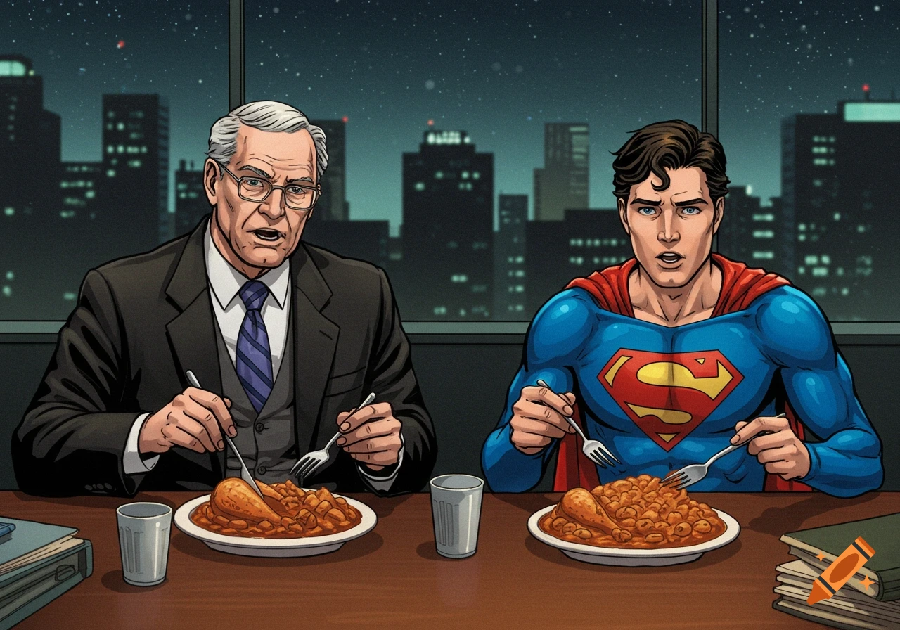Perry White and Superman eat dinner together in a comic book style ...