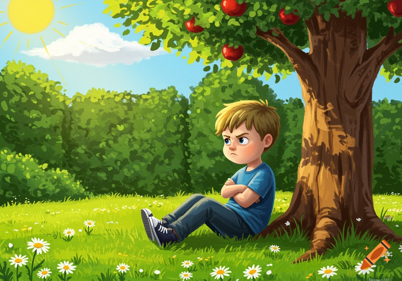 Cartoon illustration of a grumpy boy sitting under an apple tree in a ...