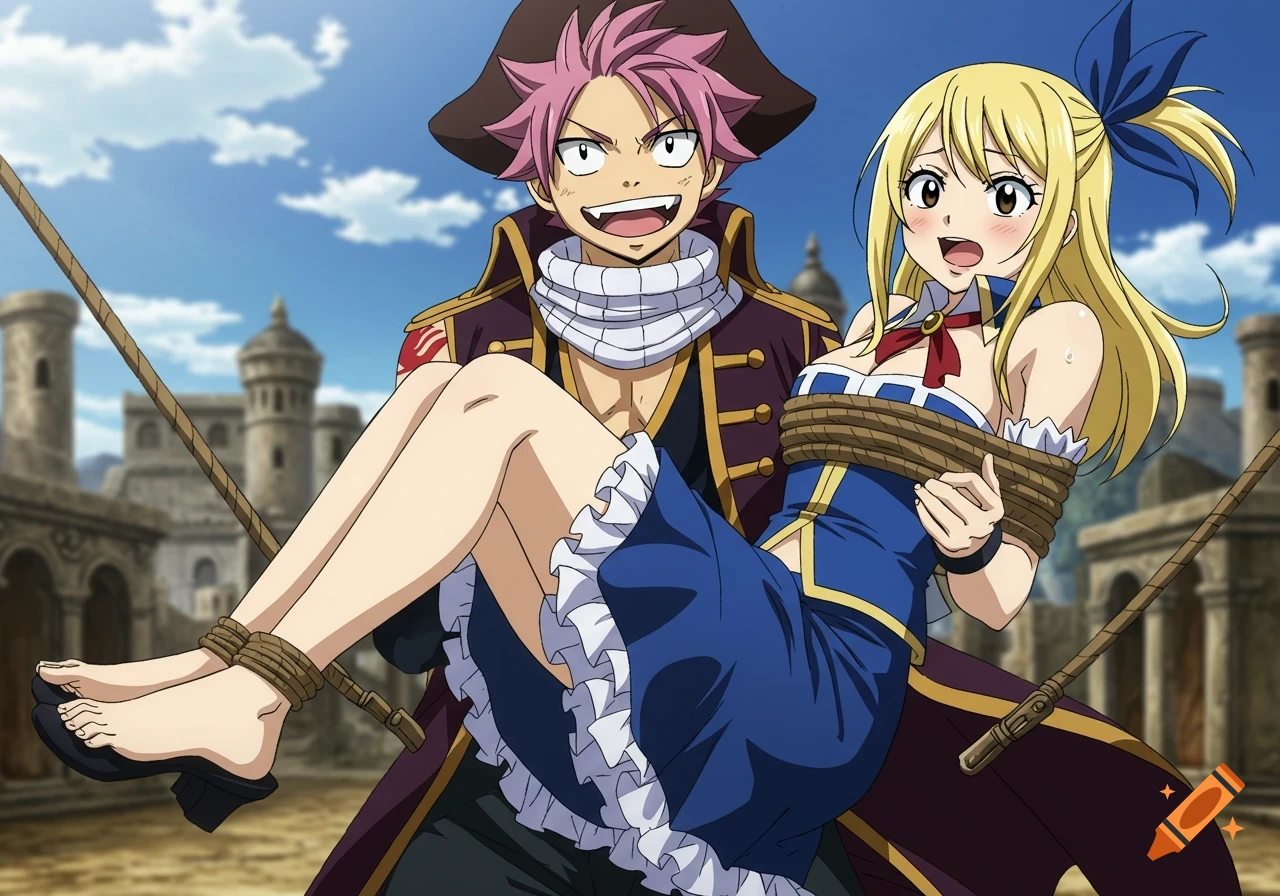 Natsu the pirate carrying tied-up Lucy Heartfilia against a town ...