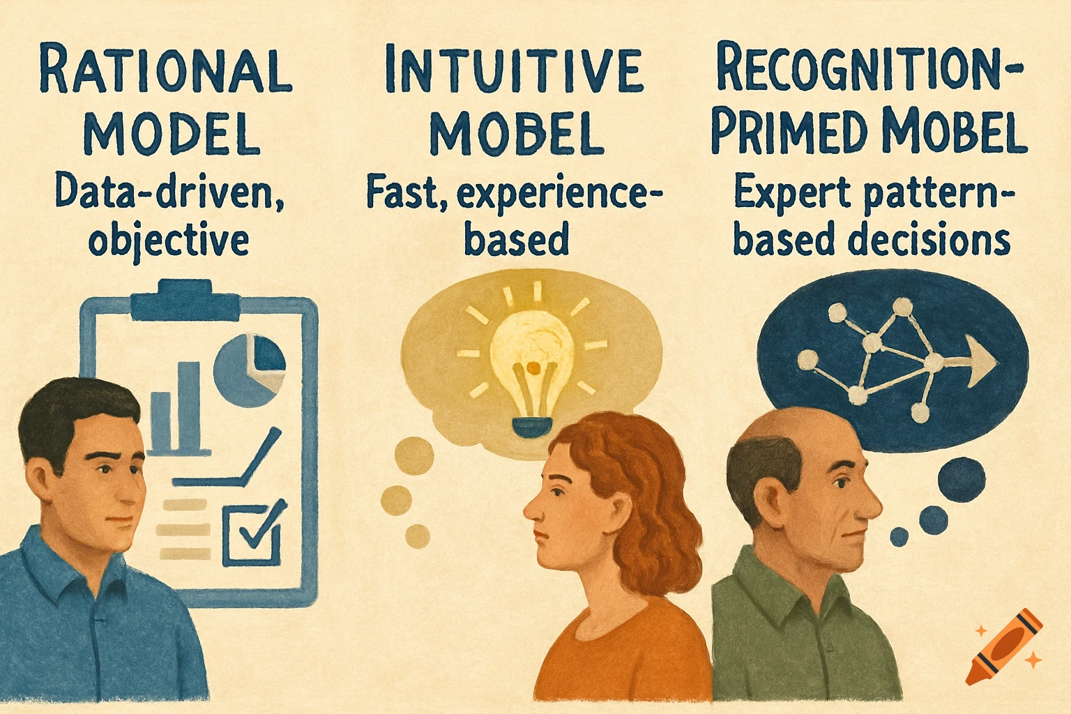 Illustration of Rational, Intuitive, and Recognition-Primed decision models with figures, charts ...