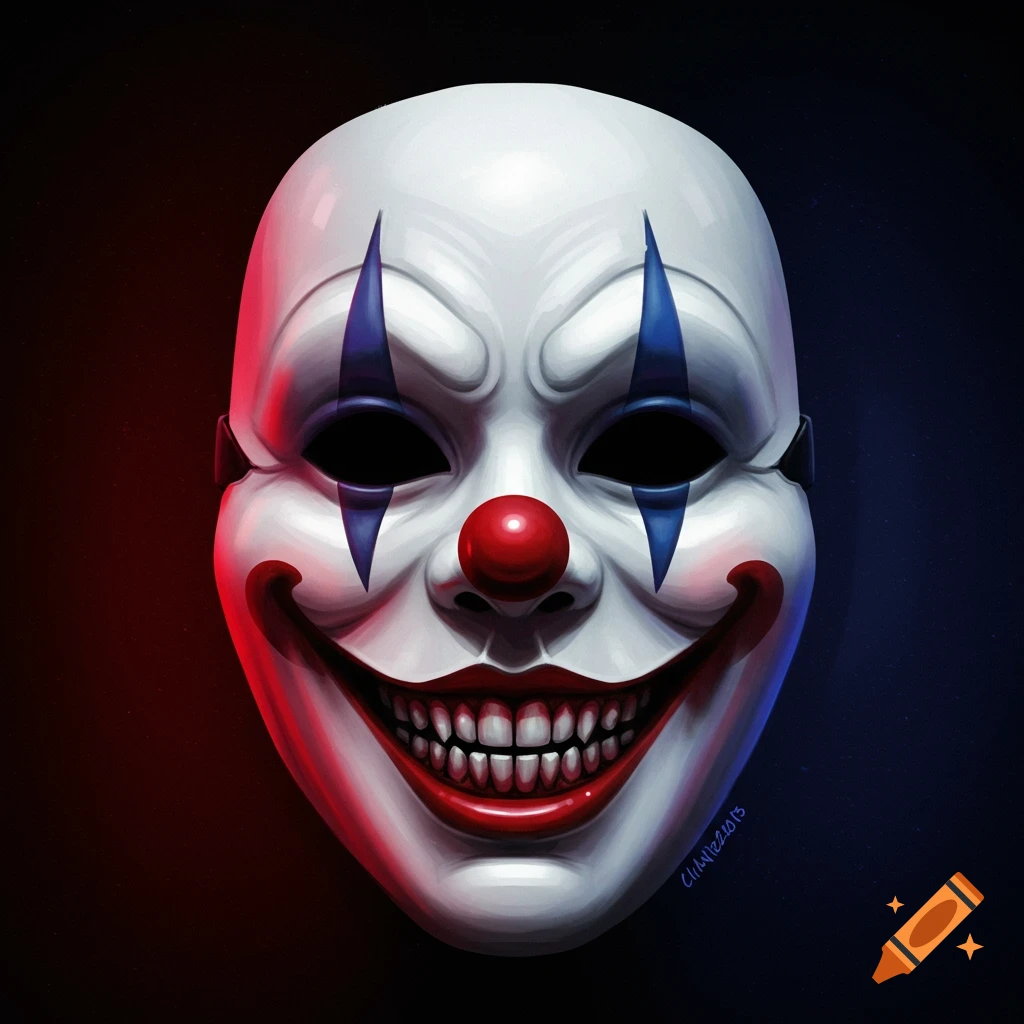 A scary white clown mask with red nose, grin, sharp teeth, and blue eye ...