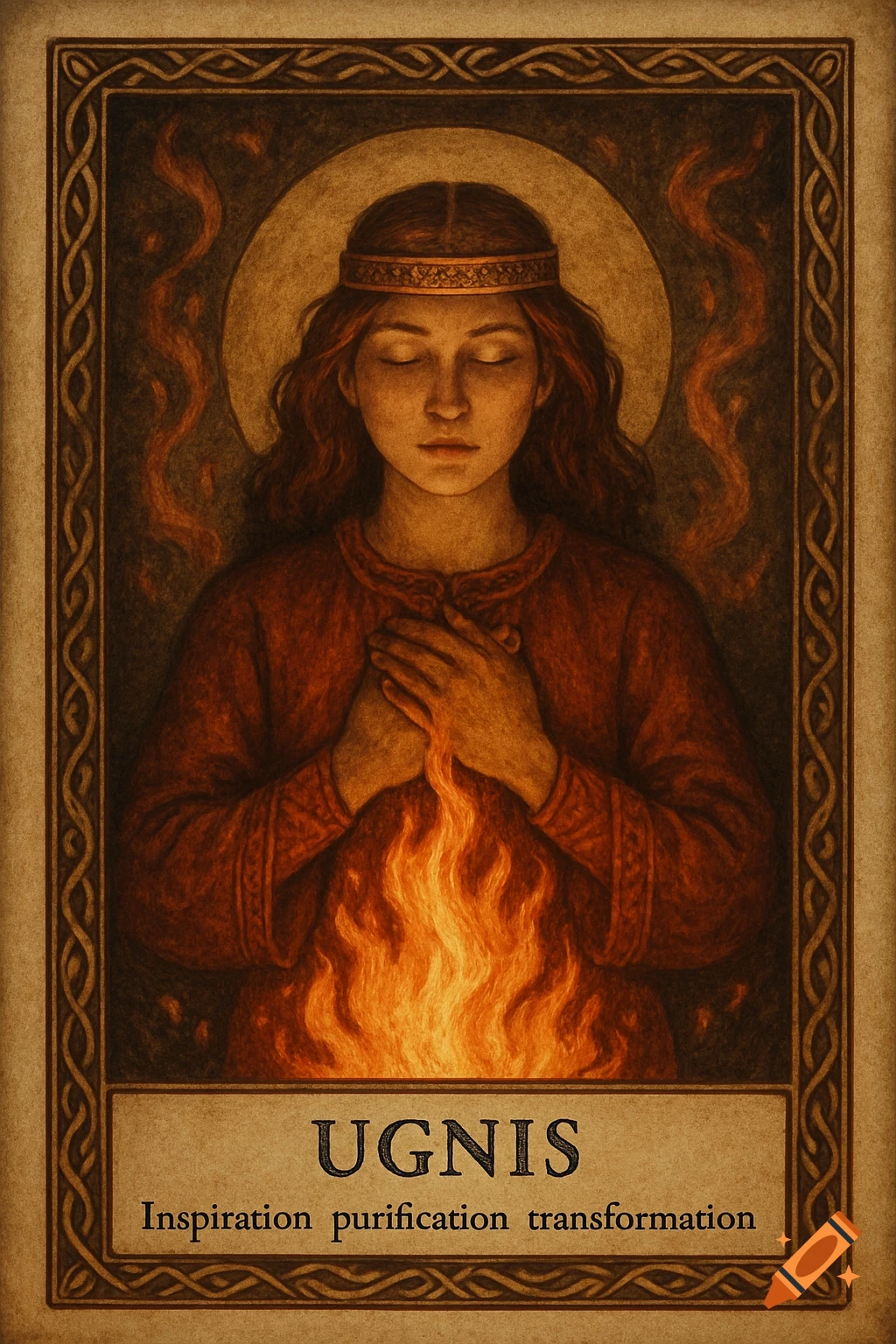 Oracle card with a figure holding fire, framed by knotwork. on Craiyon