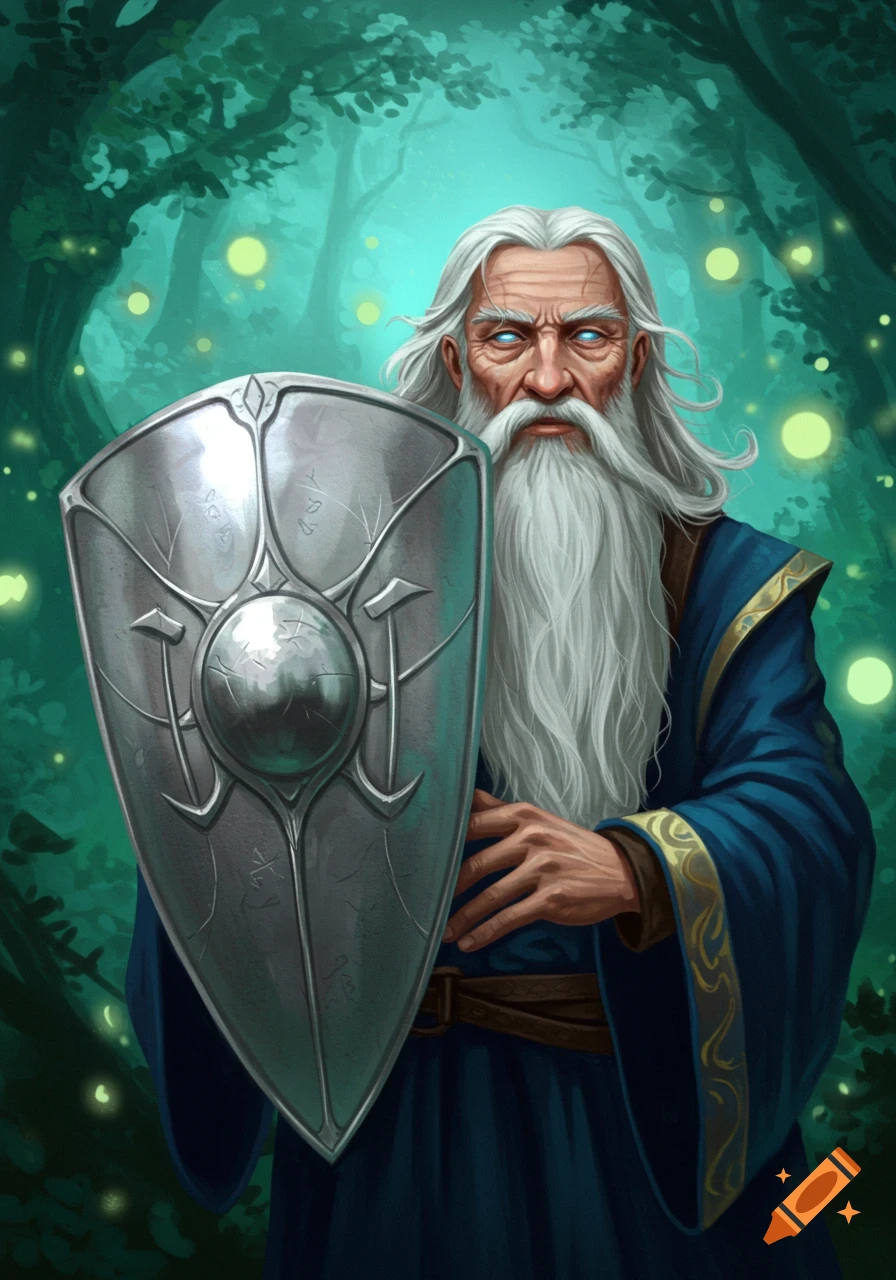 A powerful wizard with a long white beard holds a large silver shield ...