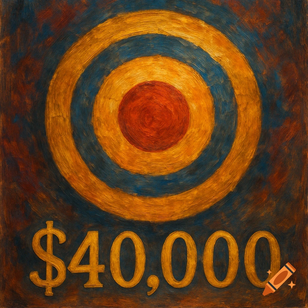 A textured painting of a target with red, blue, and gold rings, and the ...