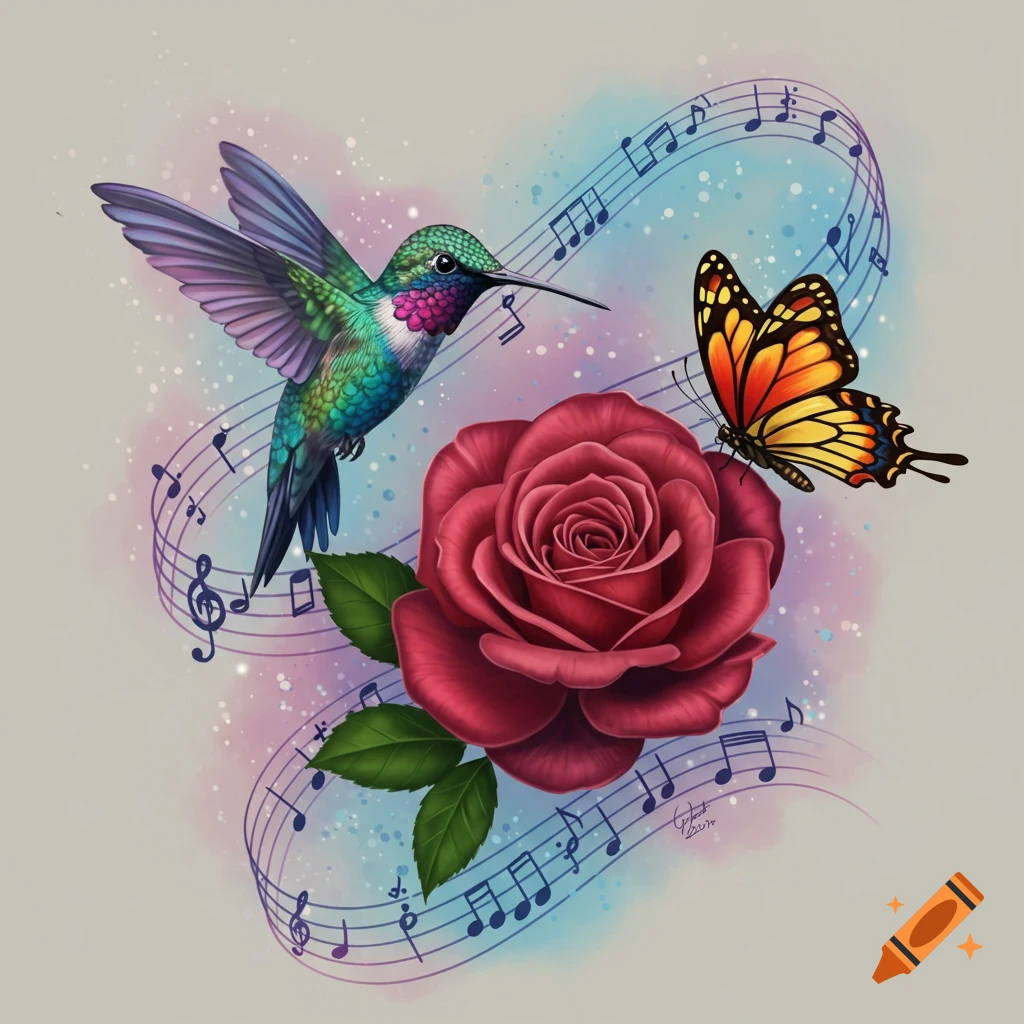 Illustration of a hummingbird, butterfly, red rose, and music notes. on ...