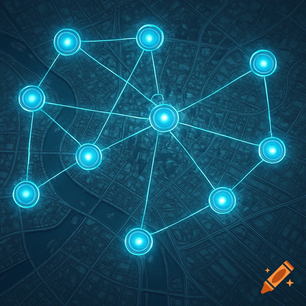 A futuristic city map with bright blue network nodes connected by lines ...