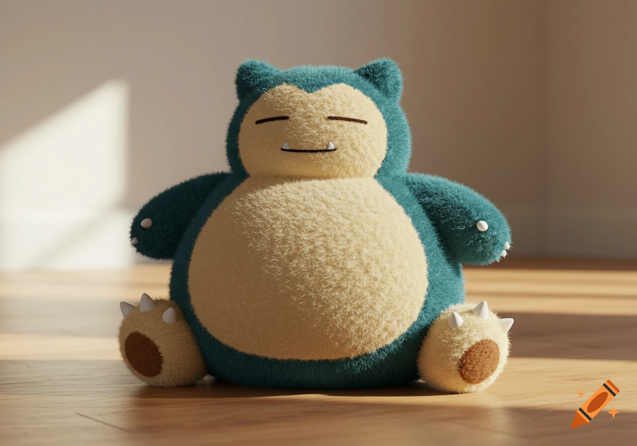 Hyper realistic Snorlax plushie sits on a wooden floor bathed in ...