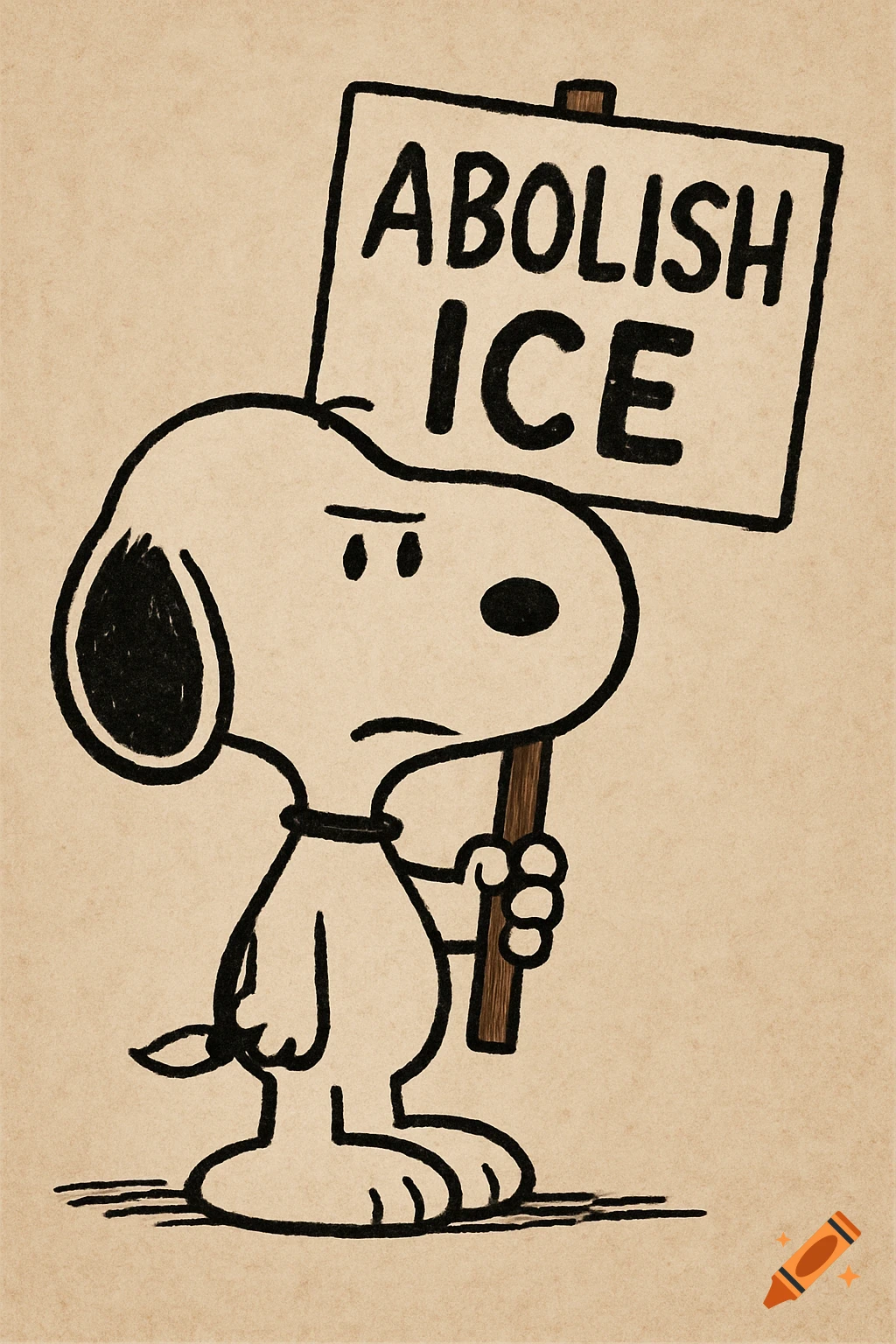 Cartoon drawing of Snoopy holding a protest sign that reads 'ABOLISH ...